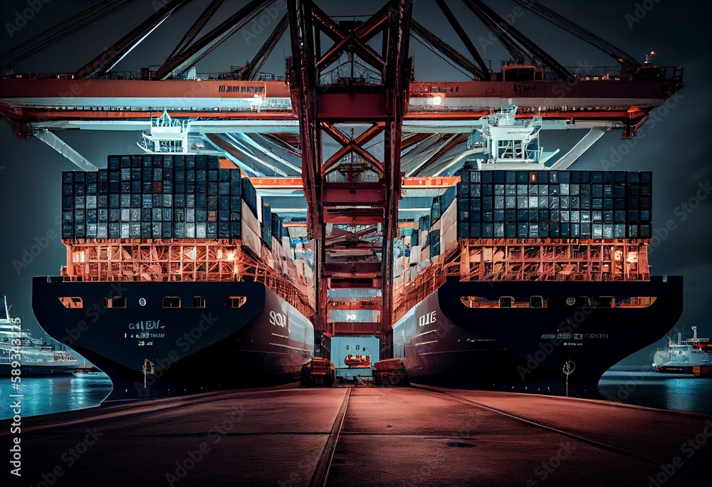 Container terminal in the port of Hamburg with large container ship and ...