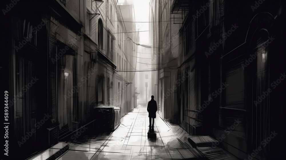 Greyscale hand drawn sketch of a city alley with a person walking ...