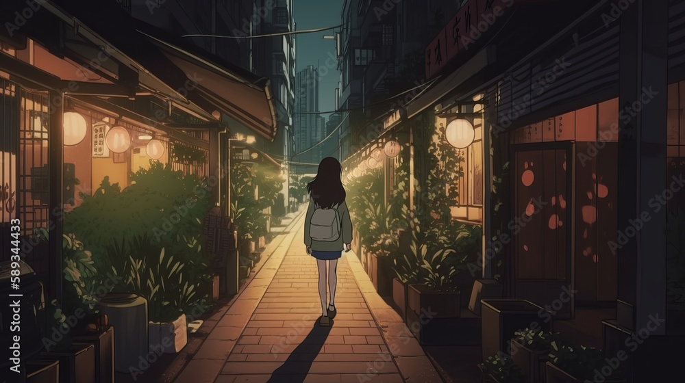 Girl from back walking in the japanese street in anime style. Suitable ...