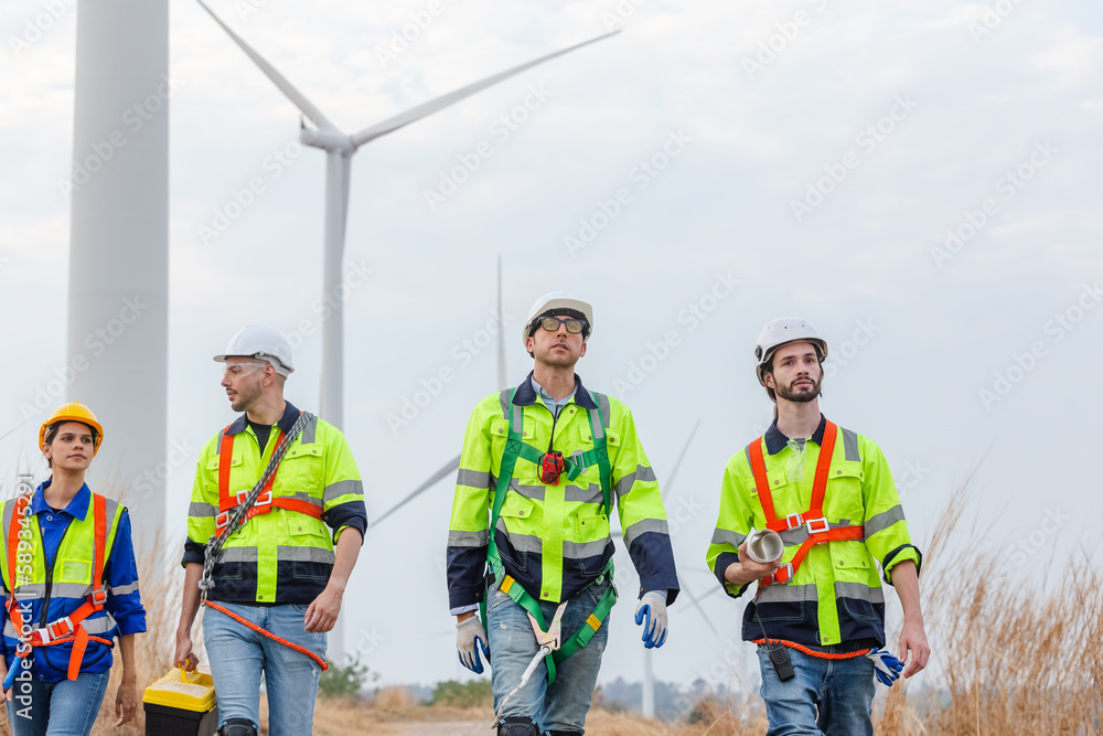 Teamwork engineer worker wearing safety uniform discuss operational ...