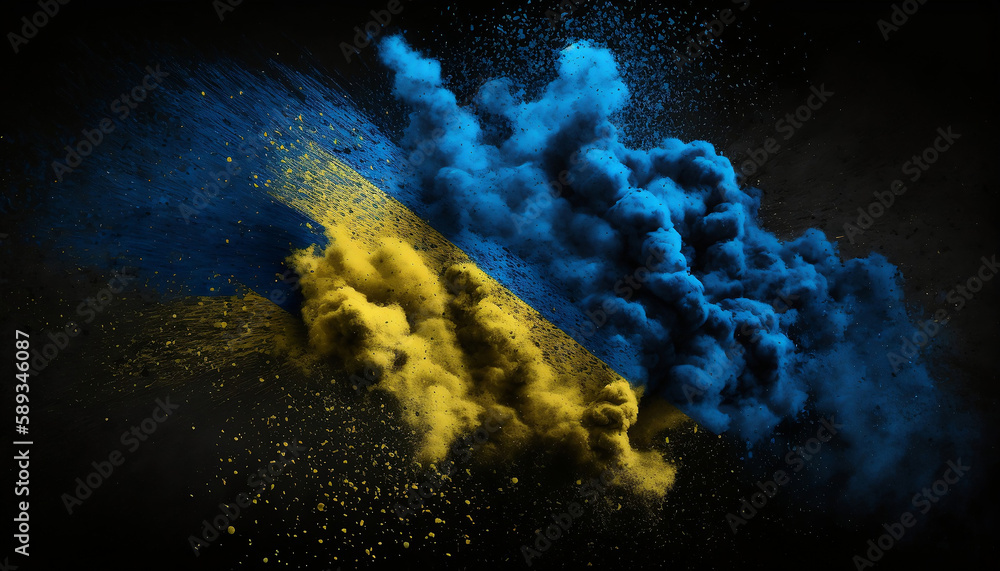 colorful ukrainian flag yellow-blue paint holi powder explosion. russia ...