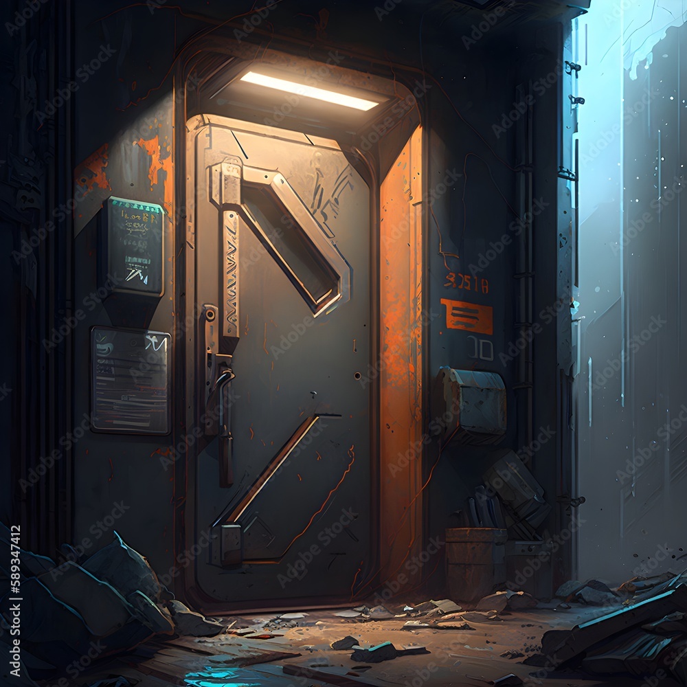 a closed worn office door cyberpunk concept art dylan cole dramatic ...