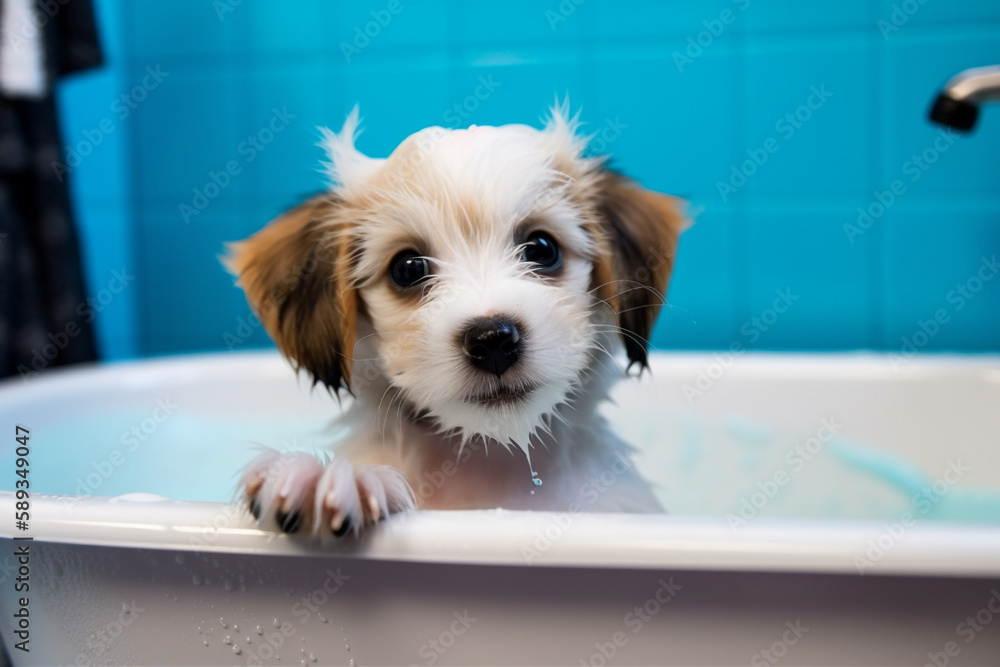 Cute puppy taking a bath in a bathtub with water , Generative Ai Stock ...