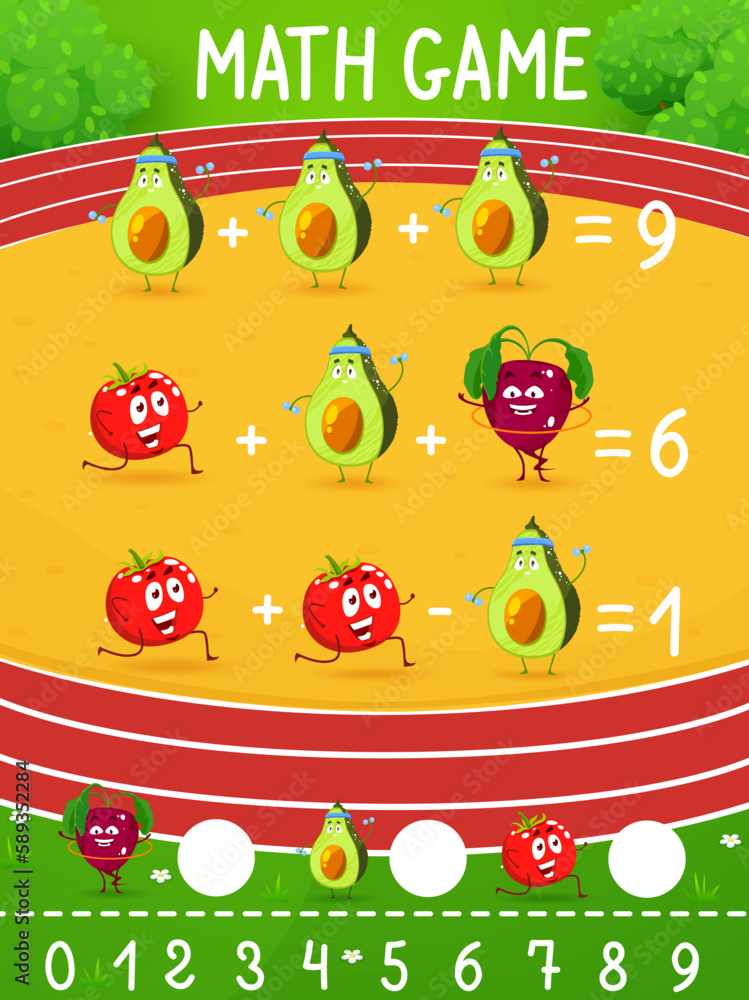Math game worksheet cartoon avocado, tomato and beet characters on ...
