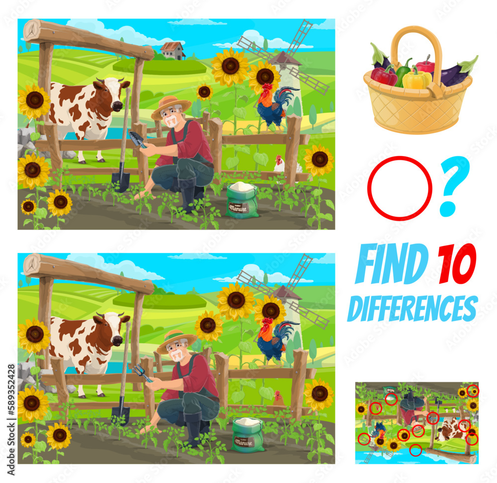 Find ten differences of farmer on field, kids game quiz and vector ...