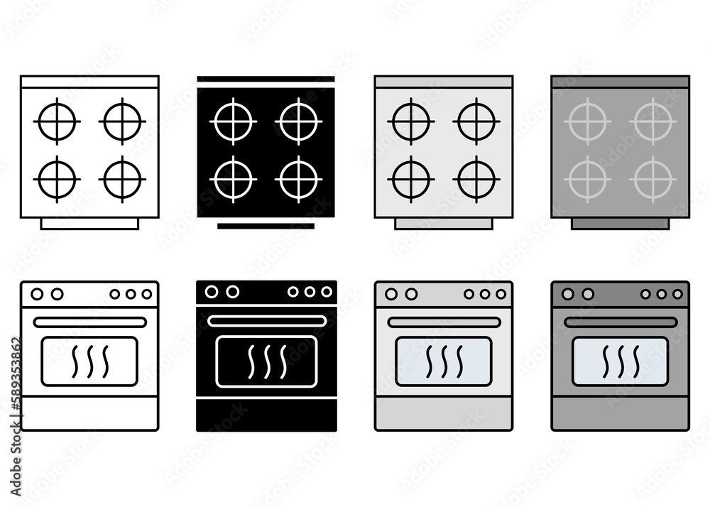 Cooker and oven icons for web and surface. packaging signs. Instruction ...