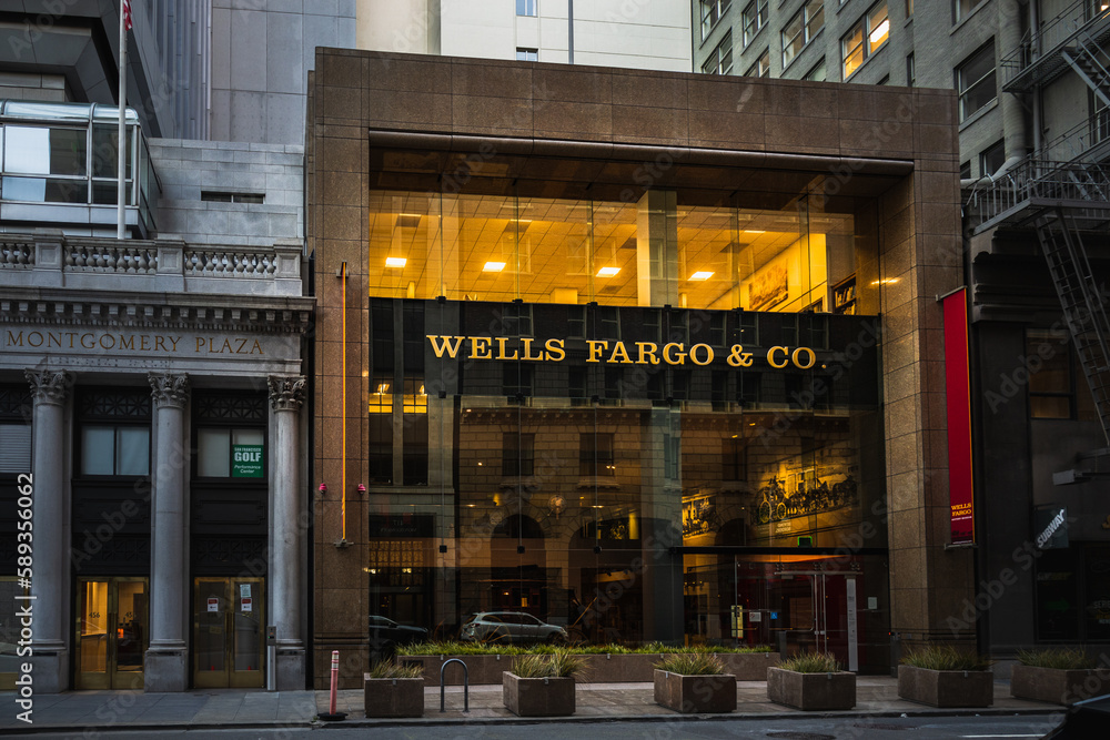 San Francisco,CA,USA. April 02 2023 : Morning exterior of Wells Fargo ...