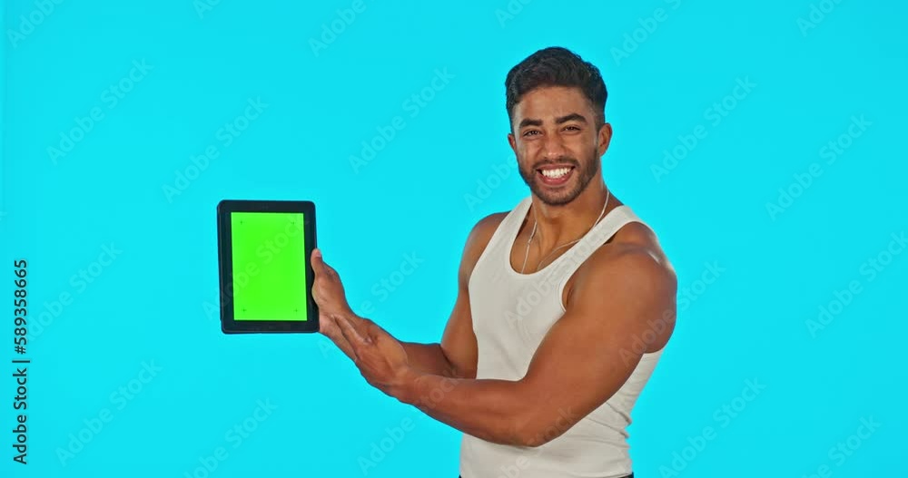 Fitness, green screen and face of man pointing in studio on digital ...