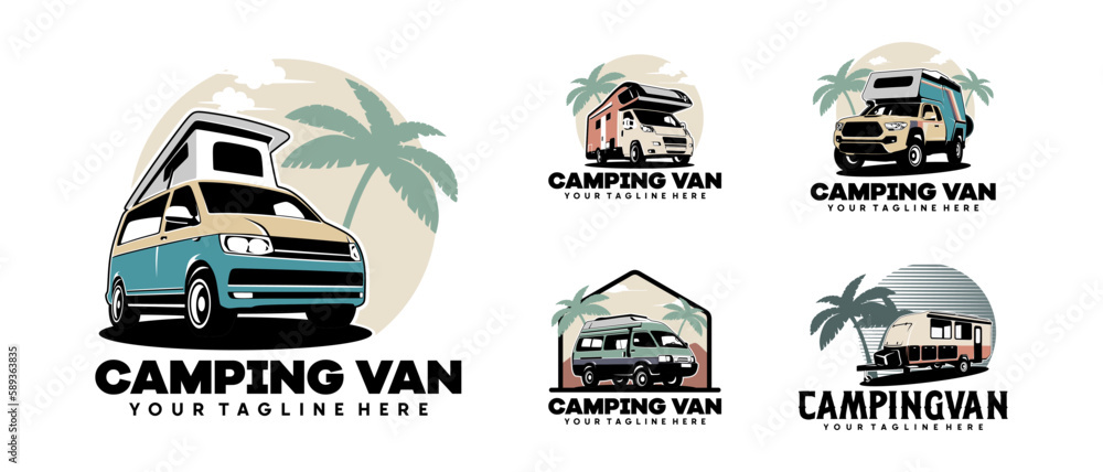 Set of RV camper van classic style logo vector illustration, Perfect ...