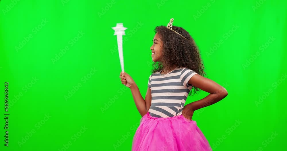 Child in costume, green screen with wand and smile on mock up with ...