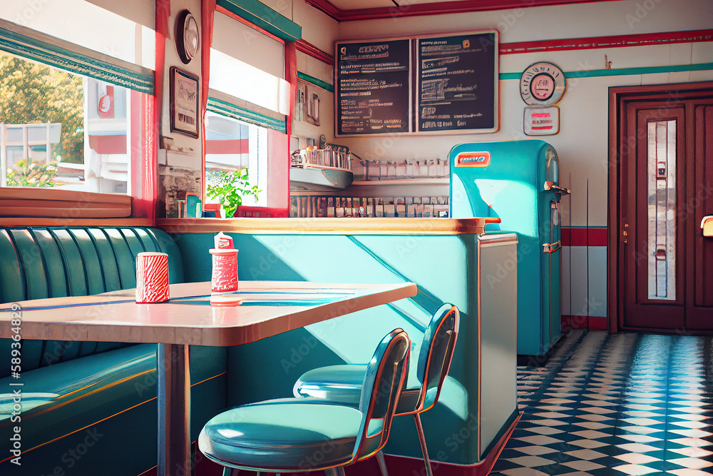 Classic American diner in vintage 50s style. Nostalgic interior with ...