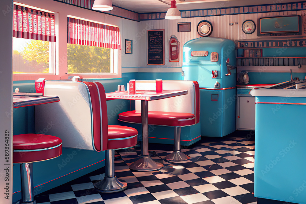 Classic American diner in vintage 50s style. Nostalgic interior with ...