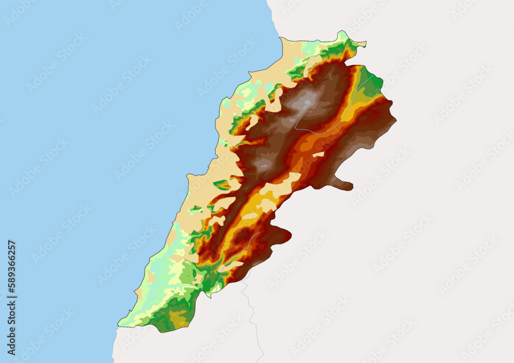 High detailed vector Lebanon physical map, topographic map of Lebanon ...