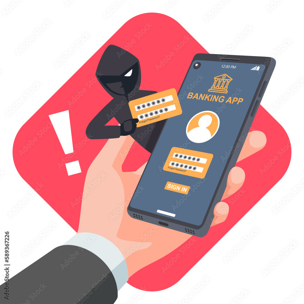 Vetor de Thief Hacker attacks a smartphone by stealing an account banking app. fraud scam and ...
