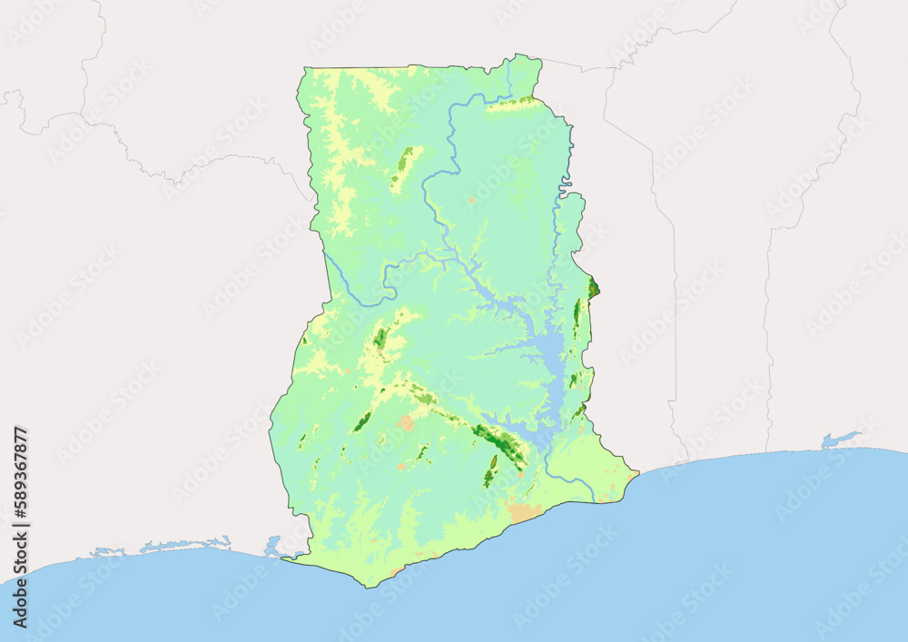 High detailed vector Ghana physical map, topographic map of Ghana on ...