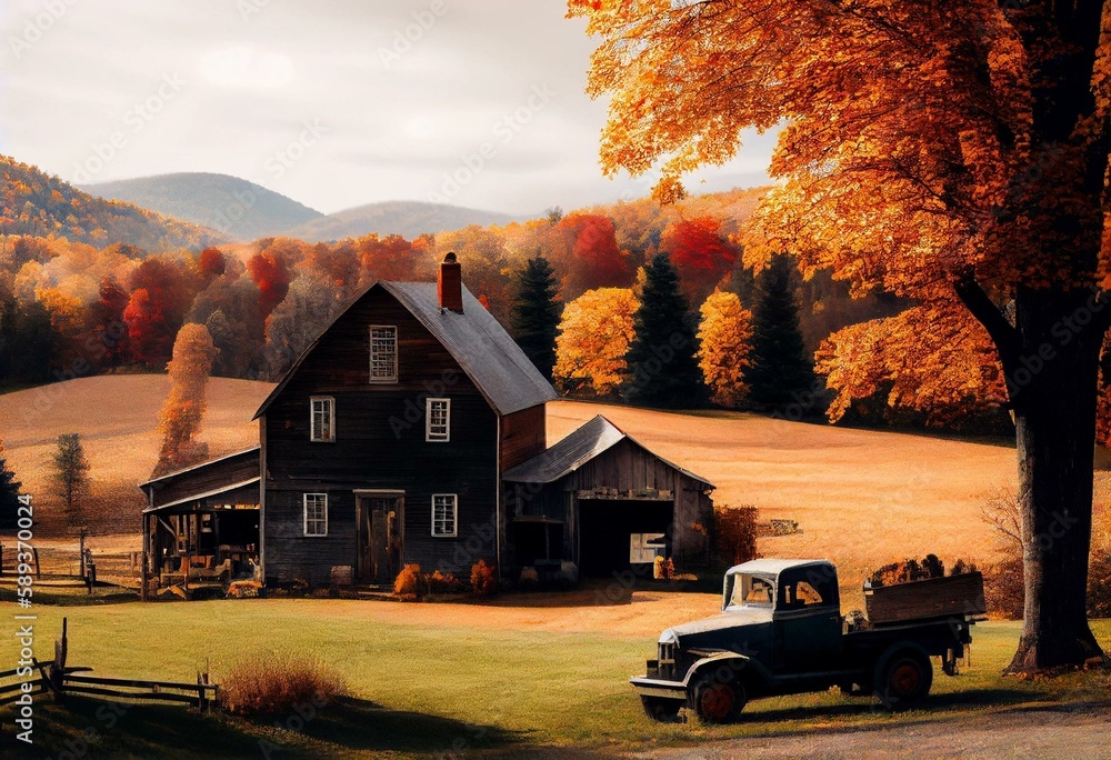 Rustic farm scene in rural vermont during autumn with fall colors ...