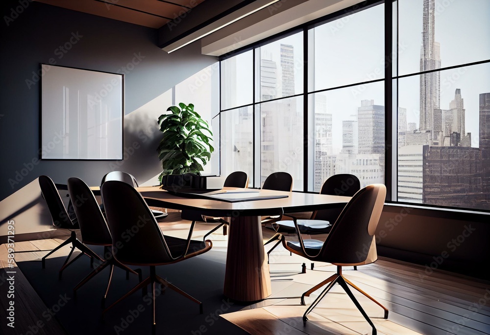Sunlit stylish conference room with modern dark meeting table and ...