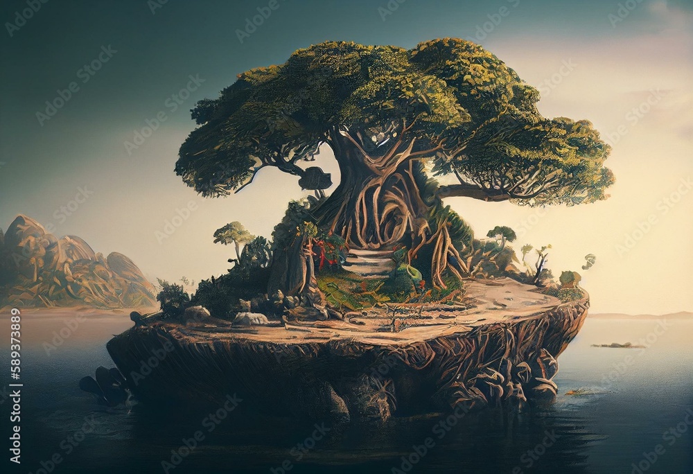 an island with a tree growing on it, a matte painting, fantasy art ...