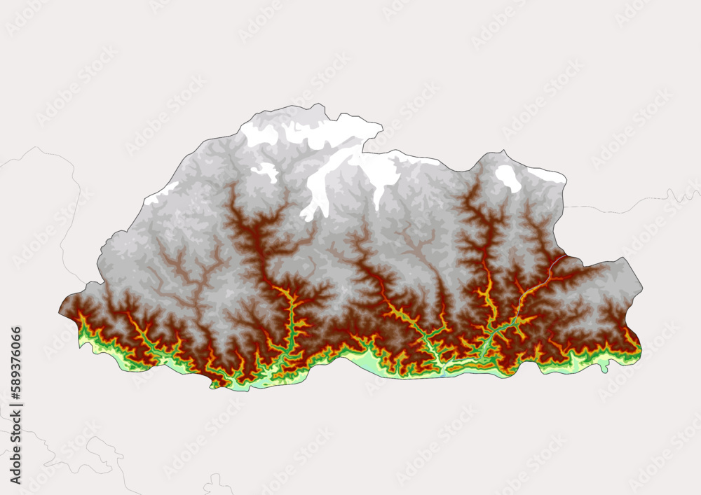 High detailed vector Bhutan physical map, topographic map of Bhutan on ...