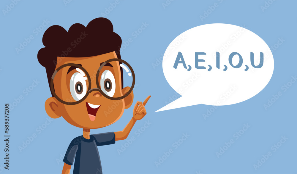 School Boy Pronounces the Vowels Vector Cartoon Illustration. Cheerful ...