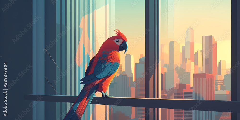 A colorful parrot sits on a perch in a modern high-rise apartment with ...