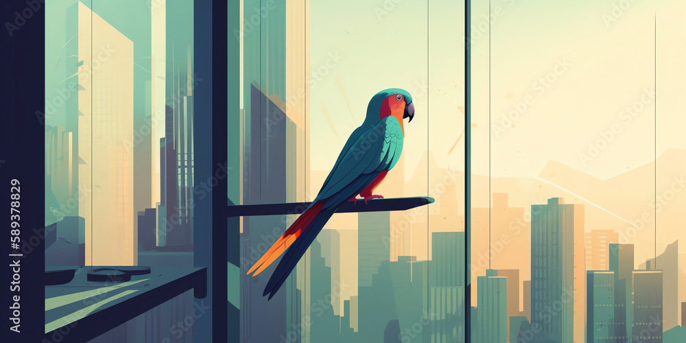 A colorful parrot sits on a perch in a modern high-rise apartment with ...