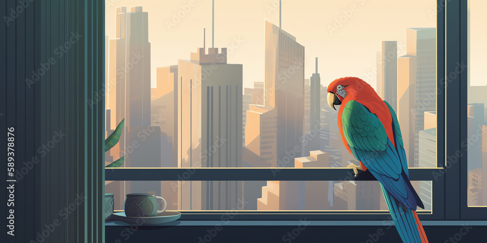 A colorful parrot sits on a perch in a modern high-rise apartment with ...