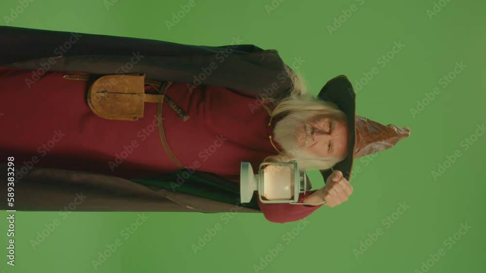 Vertical view.Green Screen. A Portrait of a Wizard in a Magic Hat and ...