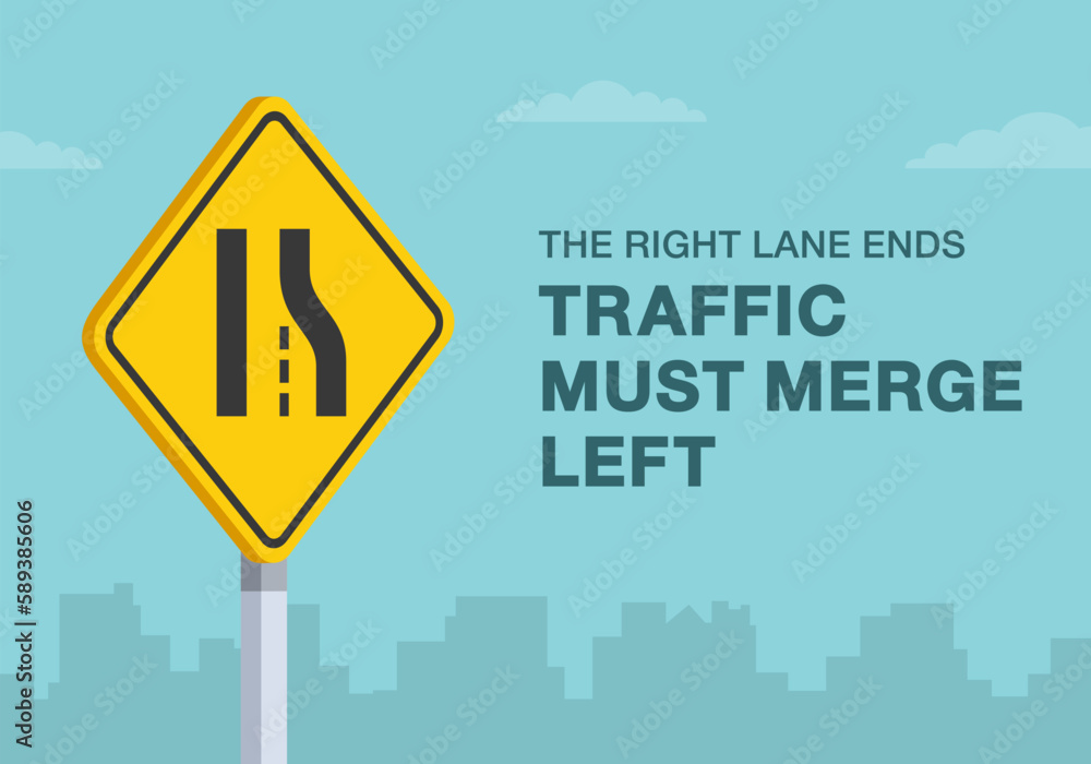 Safe driving tips and traffic regulation rules. "The right lane ends ...