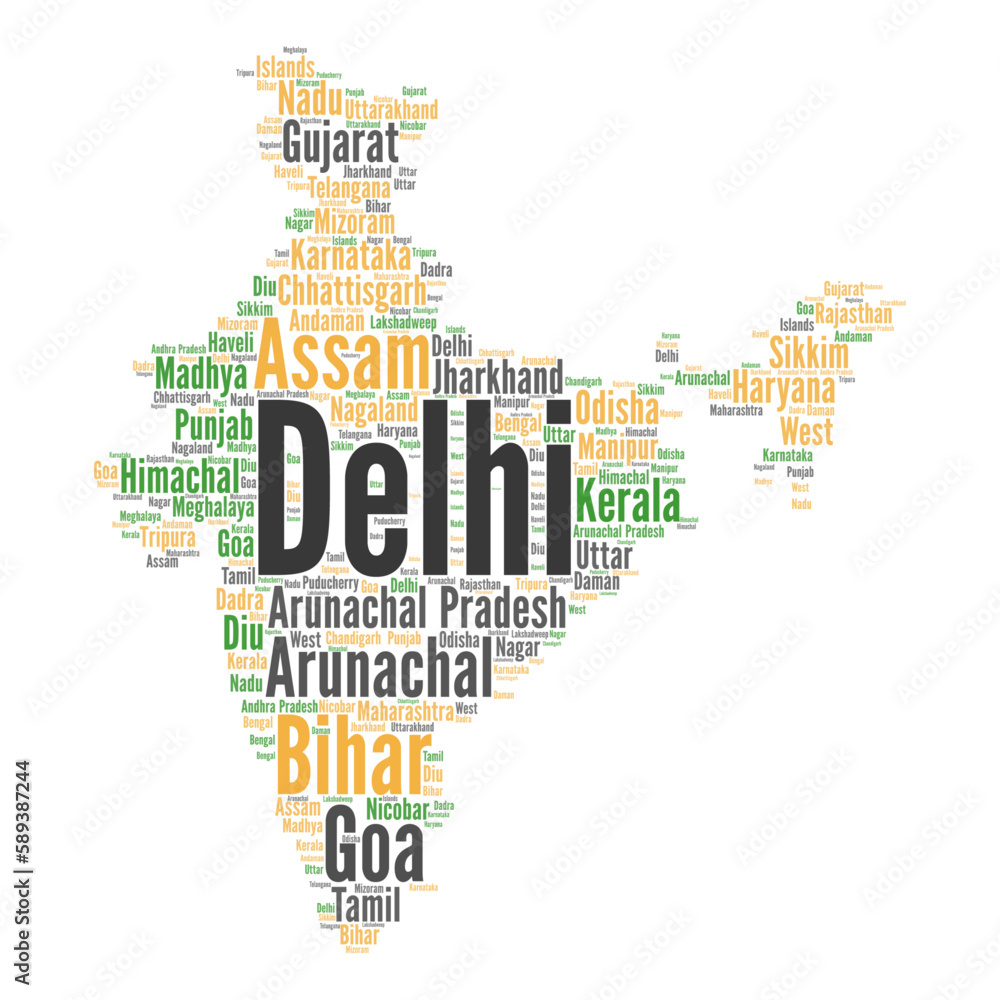 Indian map word cloud collage, indian map filled with the indian states ...