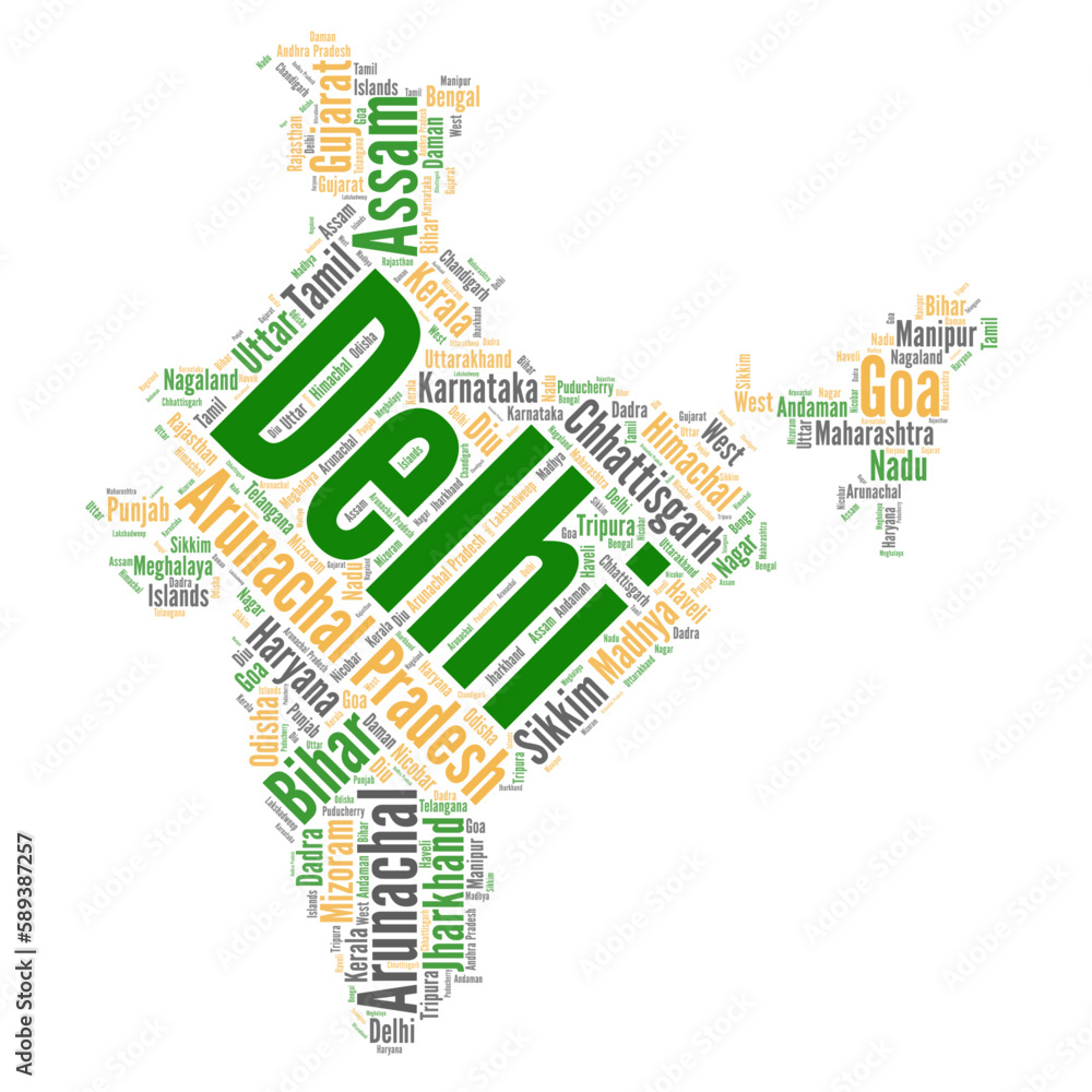 Indian map word cloud collage, indian map filled with the indian states ...