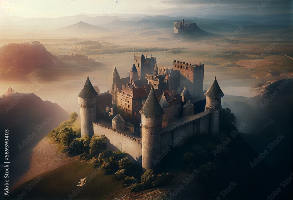 Aerial view of an ancient Middle Ages citadel and a feudal city in the ...