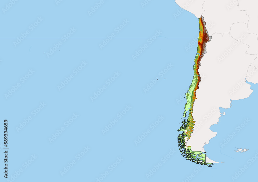 High detailed vector Chile physical map, topographic map of Chile on ...