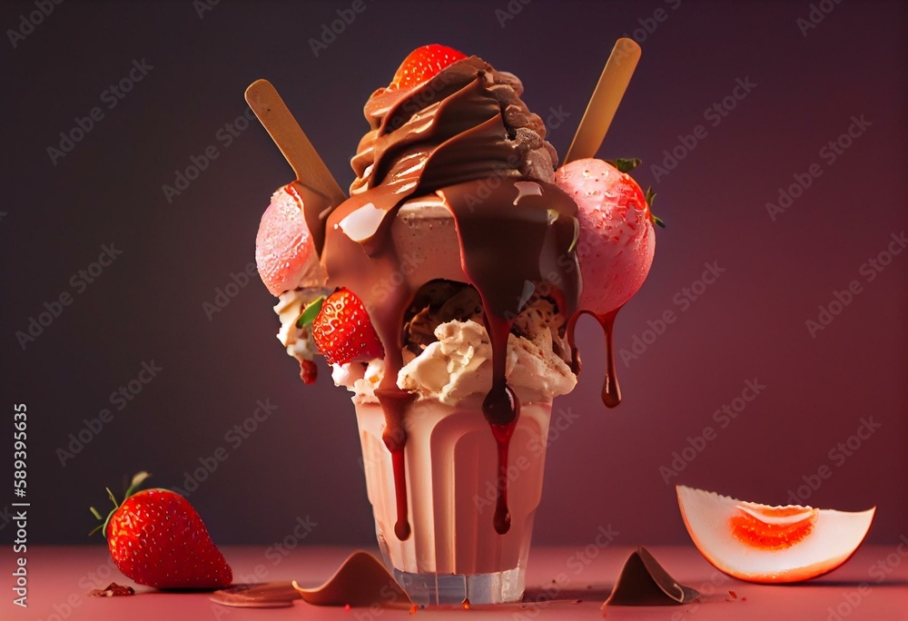 Strawberry and chocolate sundae ice cream cup and wafer stick ...