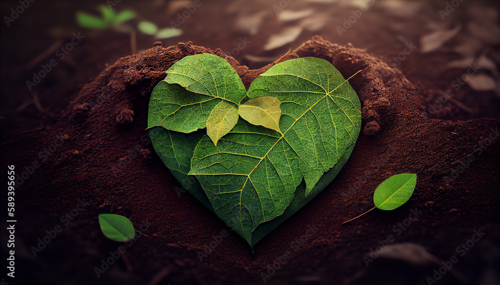 Leaf are planted on the ground in heart shape. Natural green ...