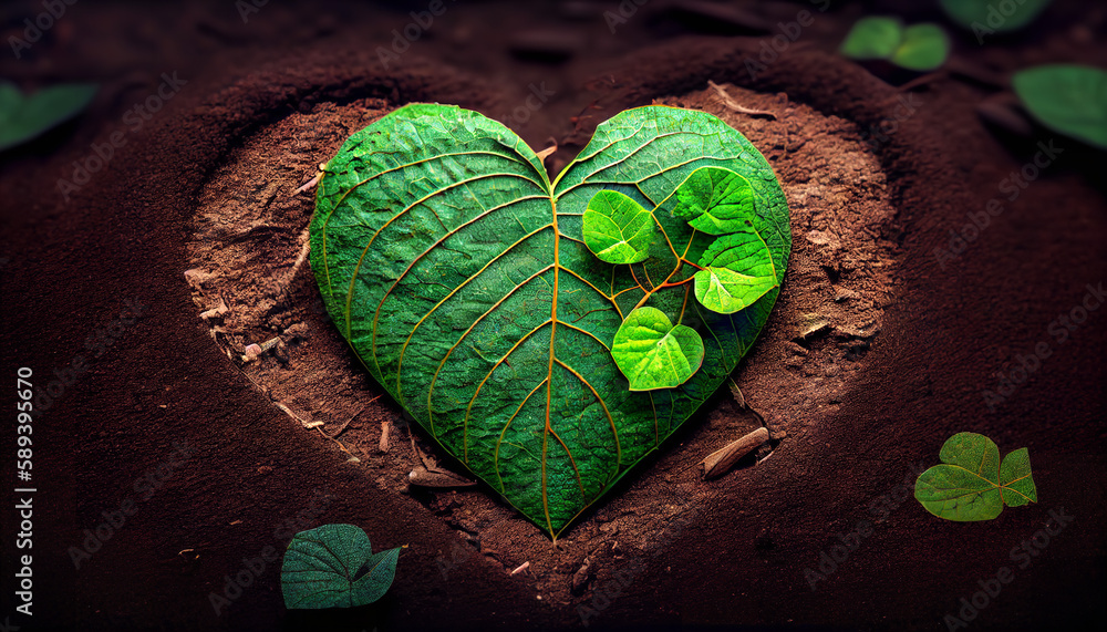 Leaf are planted on the ground in heart shape. Natural green ...