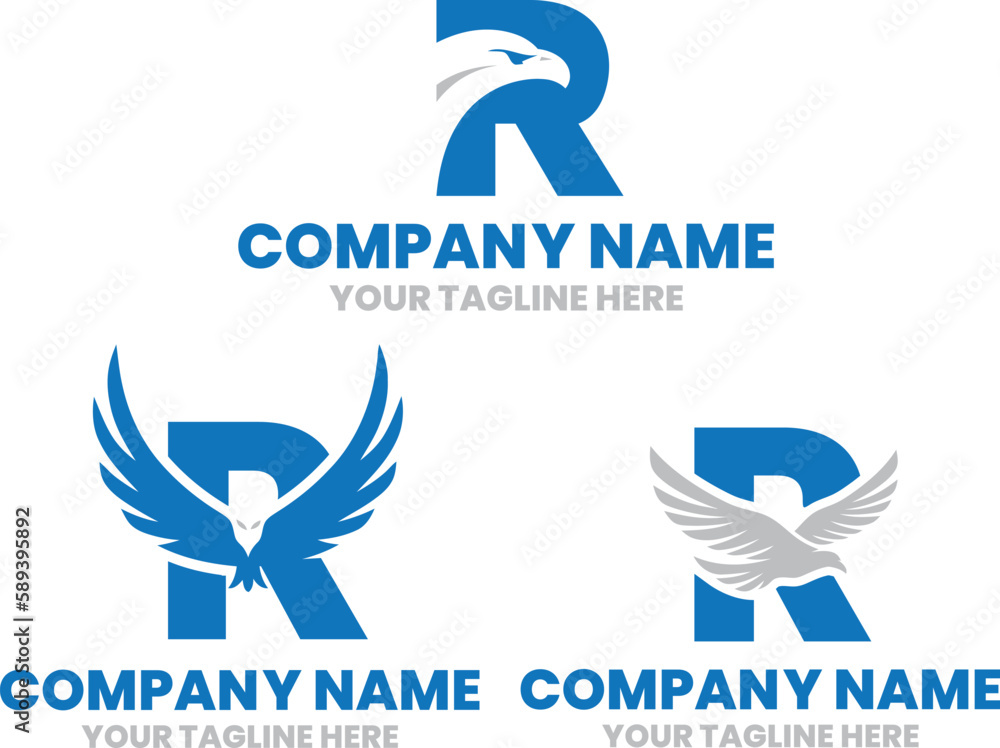 R initial letter with an eagle, falcon head logo design, flying hawk ...