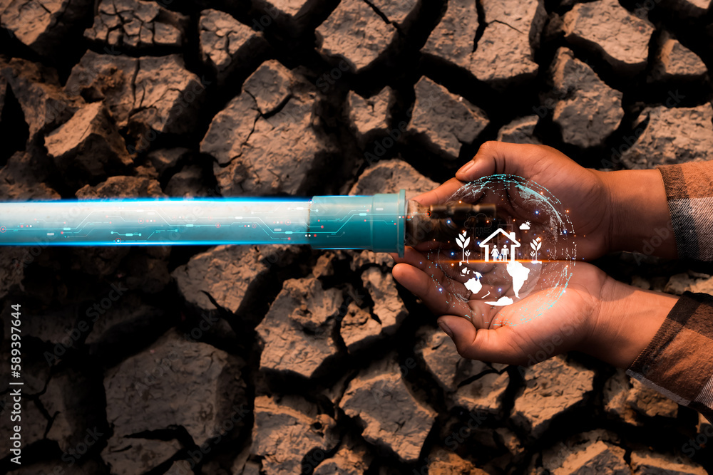 Water from tap with world and people icon protect environment from ...