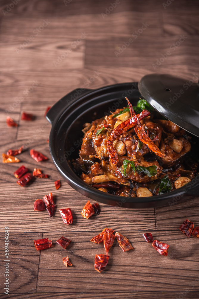 local cook live fresh catfish meat with spicy red dry chili asam sauce ...