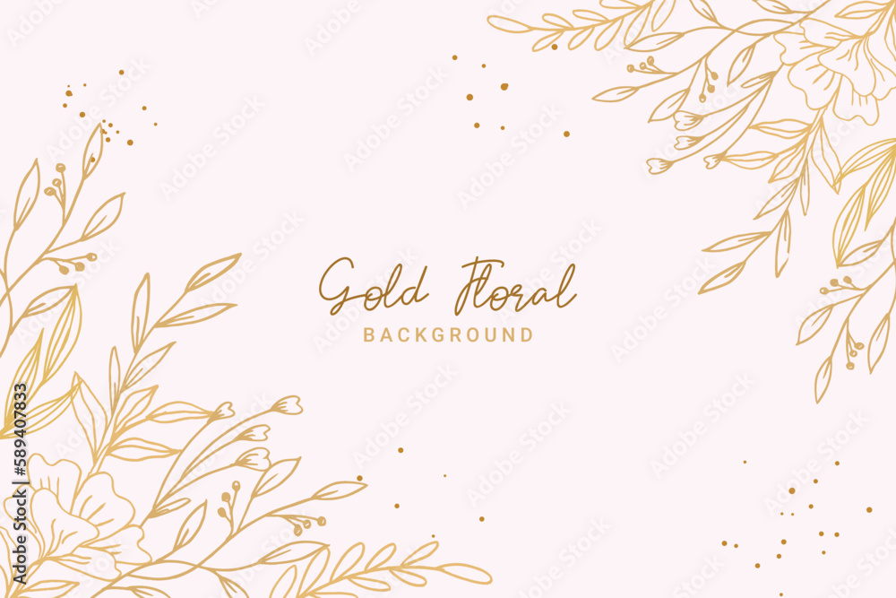 Elegant golden floral background with hand drawn flowers and leaves ...
