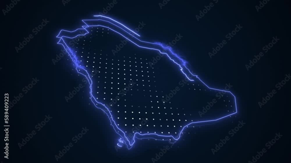 3D Neon Blue Saudi Arabia Map Borders Outline Loop Background. Neon ...