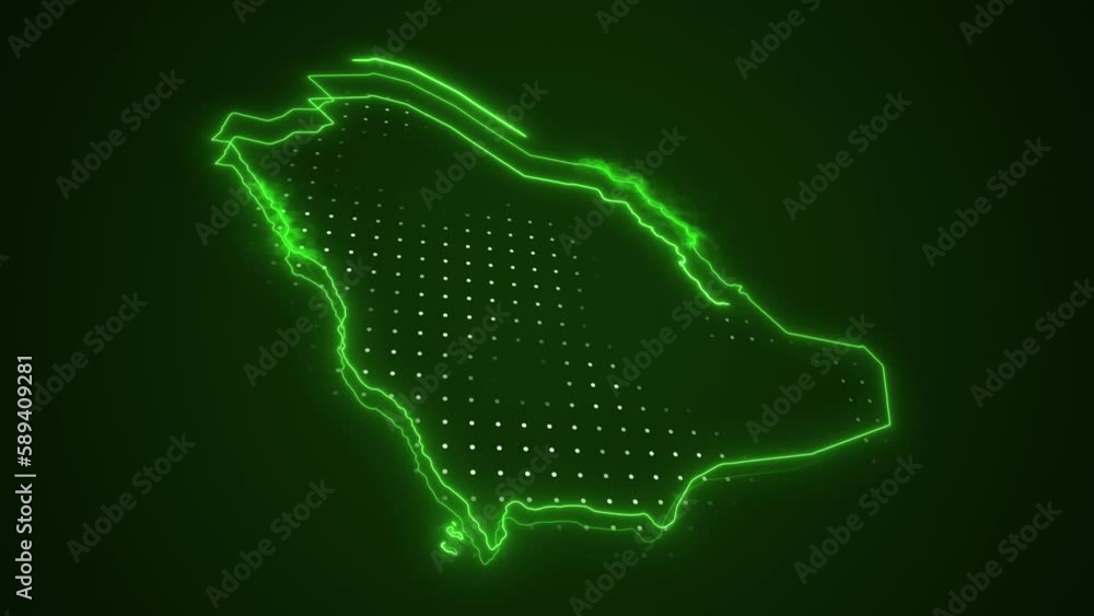 3D Neon Green Saudi Arabia Map Borders Outline Loop Background. Neon ...