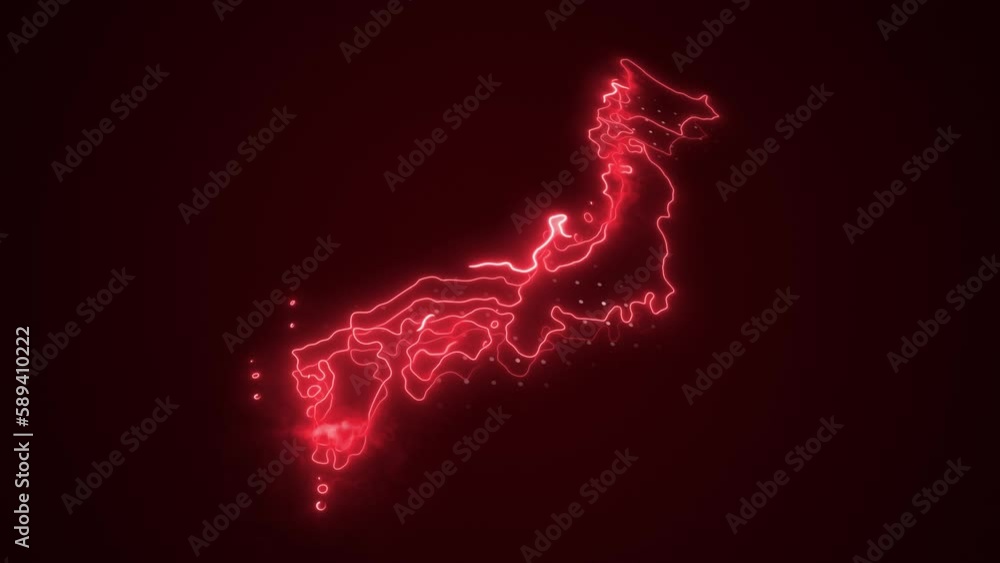 3D Neon Red Japan Map Borders Outline Loop Background. Neon Red Colored ...