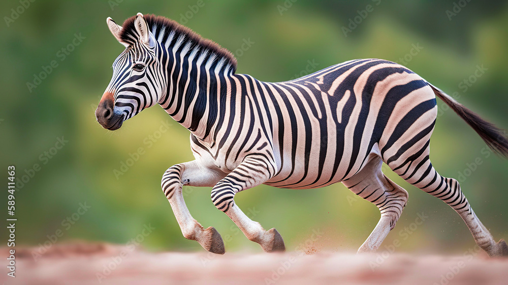 Beautiful galloping zebra in outdoor nature background. Wildlife ...
