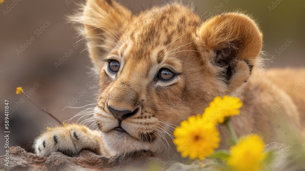 Cute adorable lion cub smelling a beautiful yellow flower. New ...
