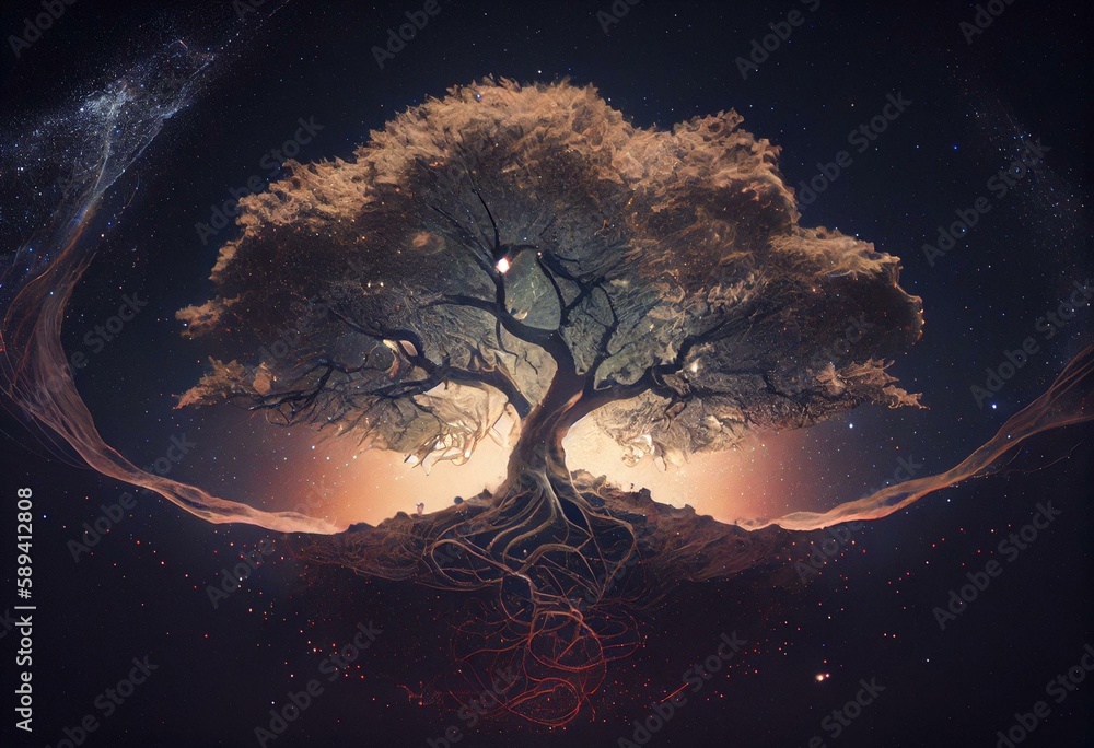Cosmic nebula growing gigantic tree of life, yggdrasil, growing on ...