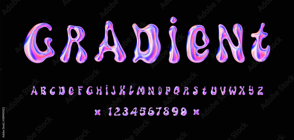 Holographic y2k font liquid. 3d bubble hologram alphabet. Iridescent ...