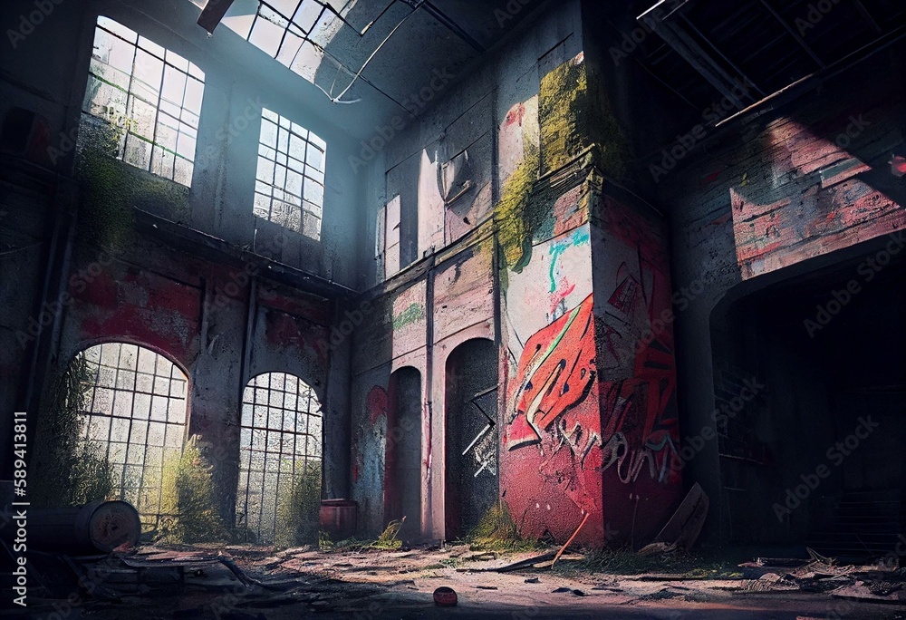 Abandoned factory with graffiti on the walls, created with Generative ...