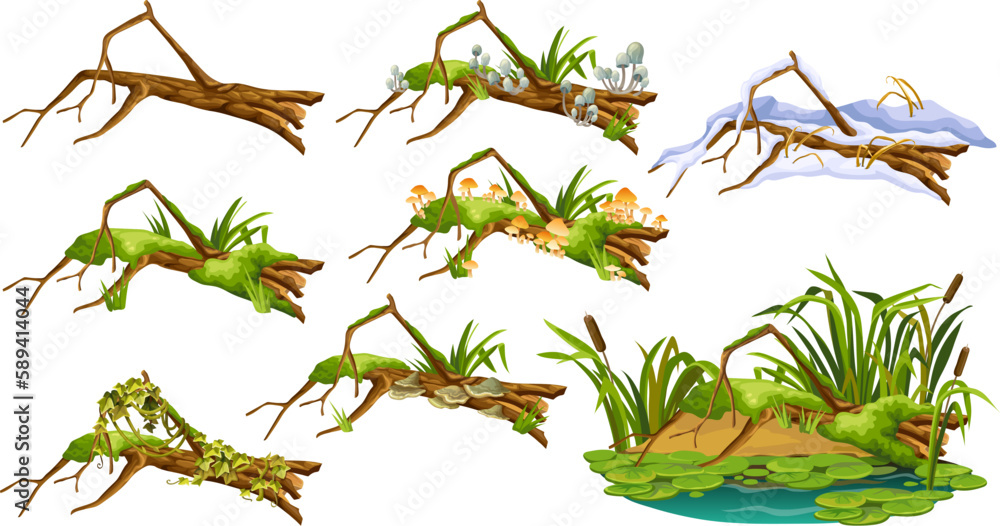 Cartoon broken tree in moss in swamp jungle. Stump with liana branches ...