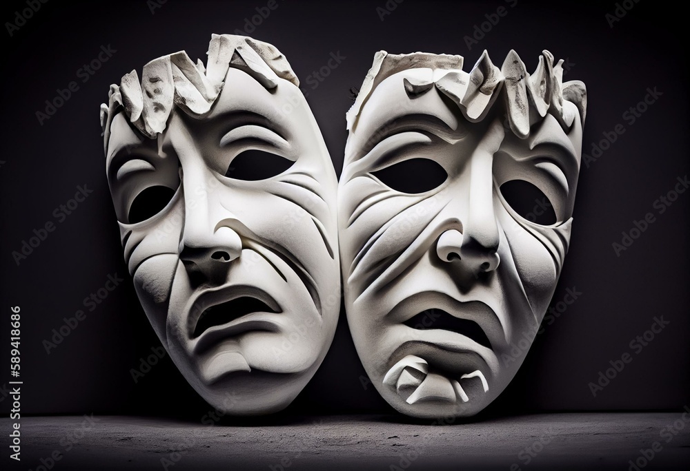 Theater masks, both comedic and tragic, made of white fabric ...